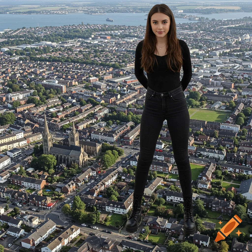 Realistic image of a giant British young woman towering over a town, wearing jeans and a black ...