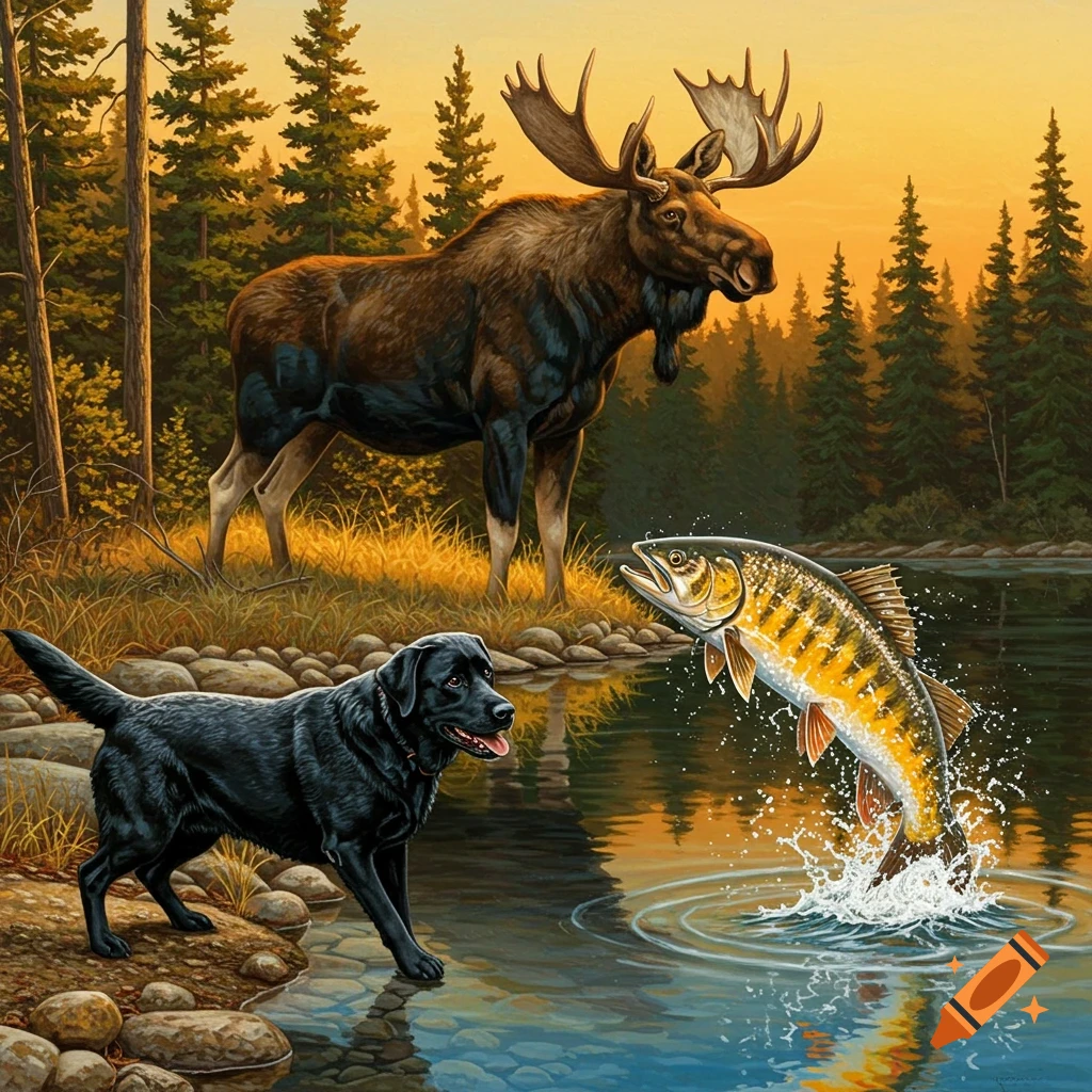 A black labrador looks on as a moose and a fish jump from a lake in a ...