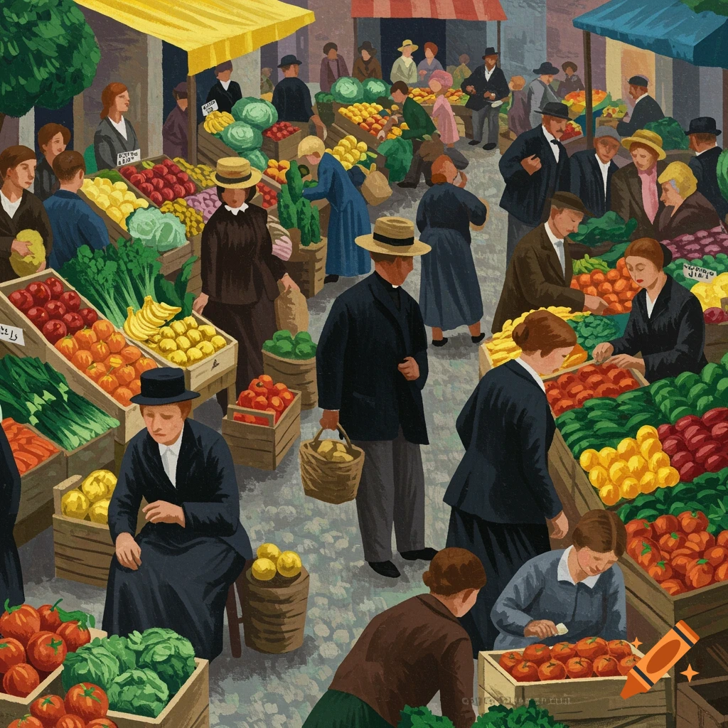 Stylized painting of a bustling European market with many people around ...