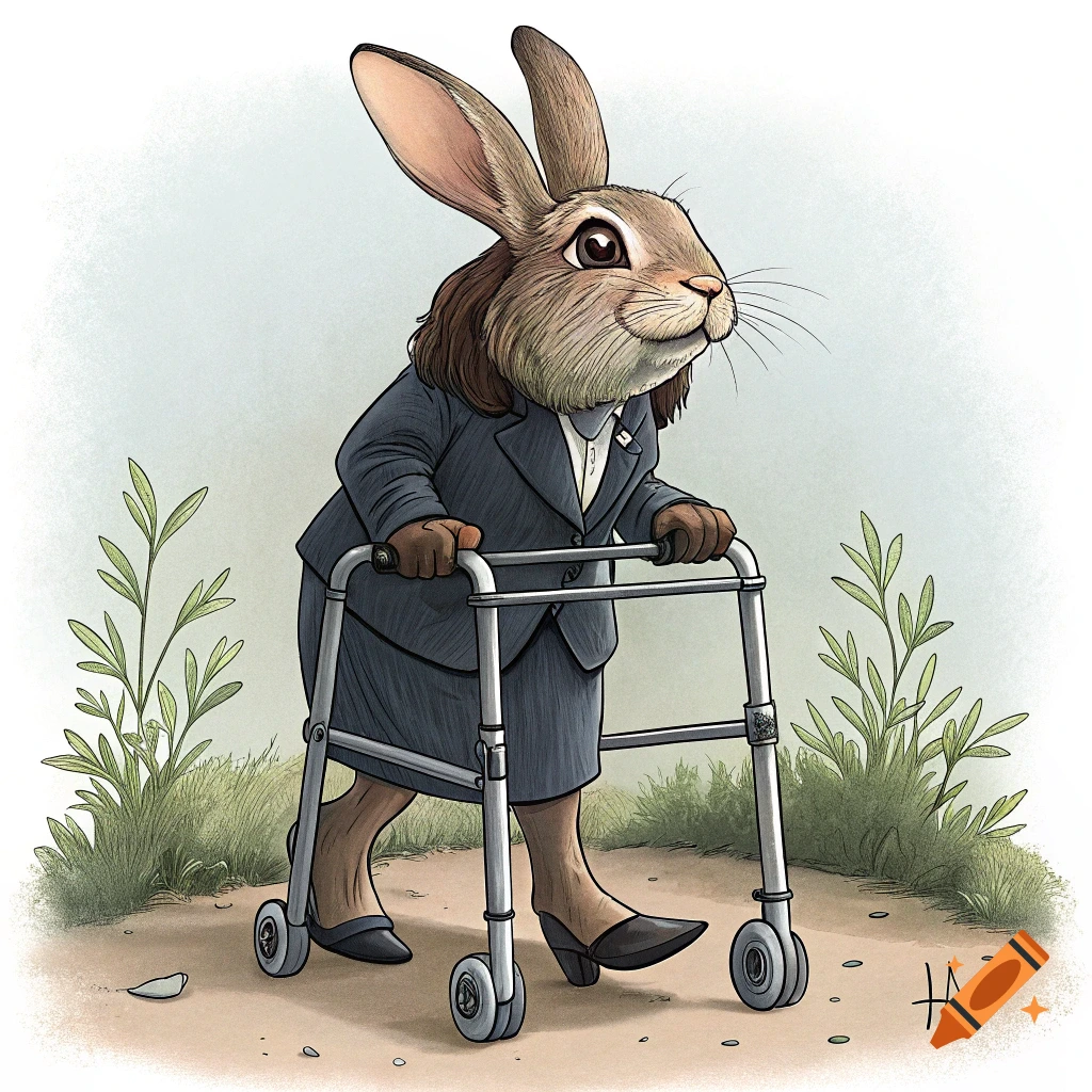 An anthropomorphic brown rabbit in a dark suit uses a walker on a dirt ...