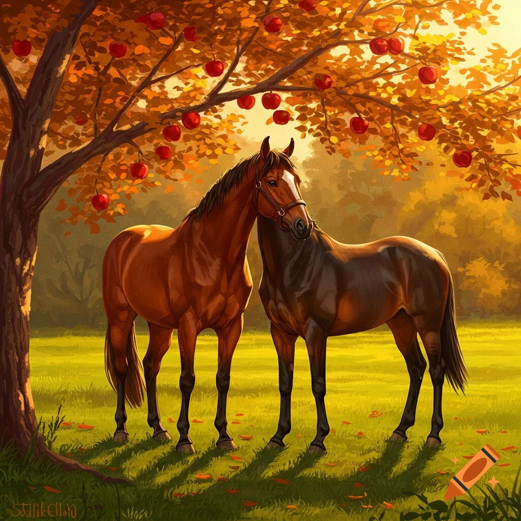Smiling blue-eyed horse under an apple tree in full blossom on Craiyon