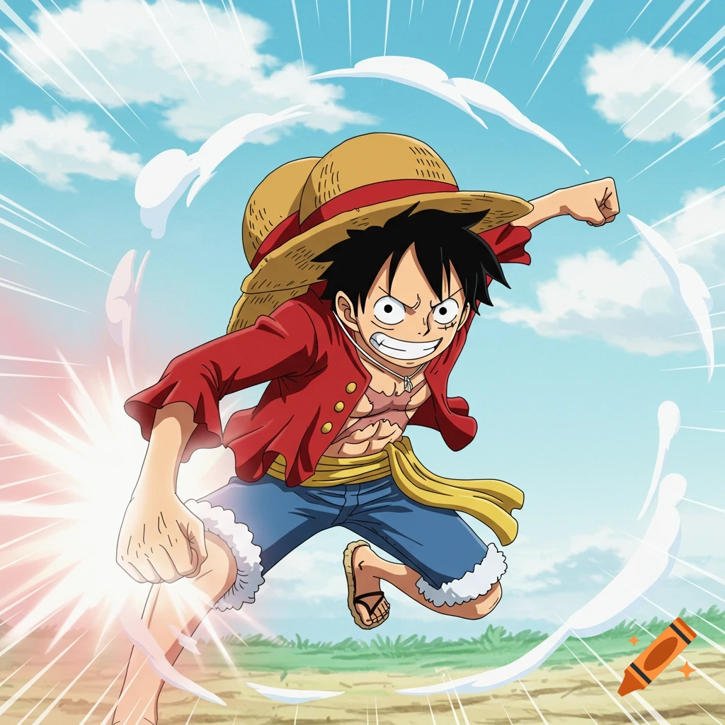 Anime illustration of Luffy from One Piece punching forward on the sea ...