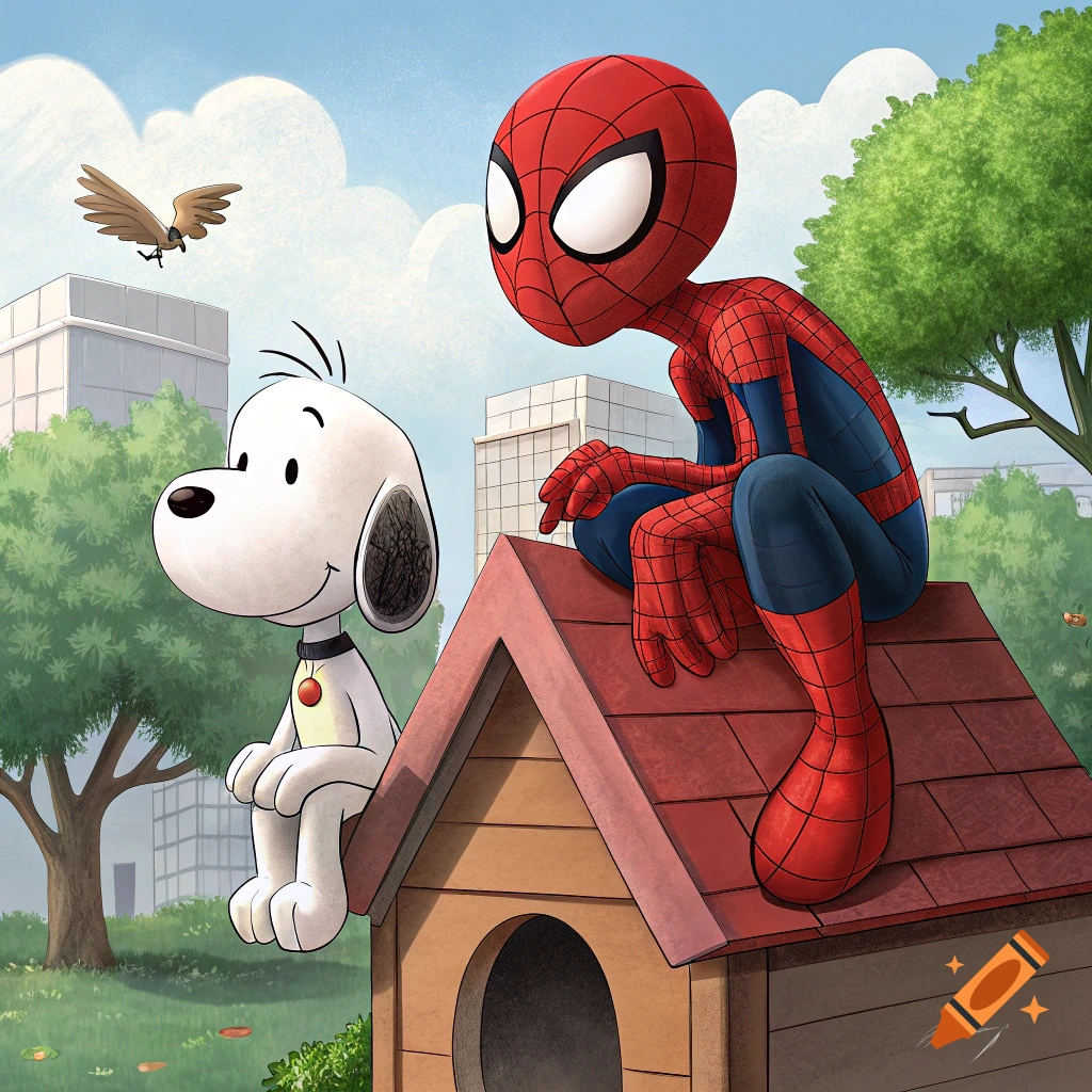 Snoopy the dog and Spider-Man sit on a doghouse in a park. on Craiyon
