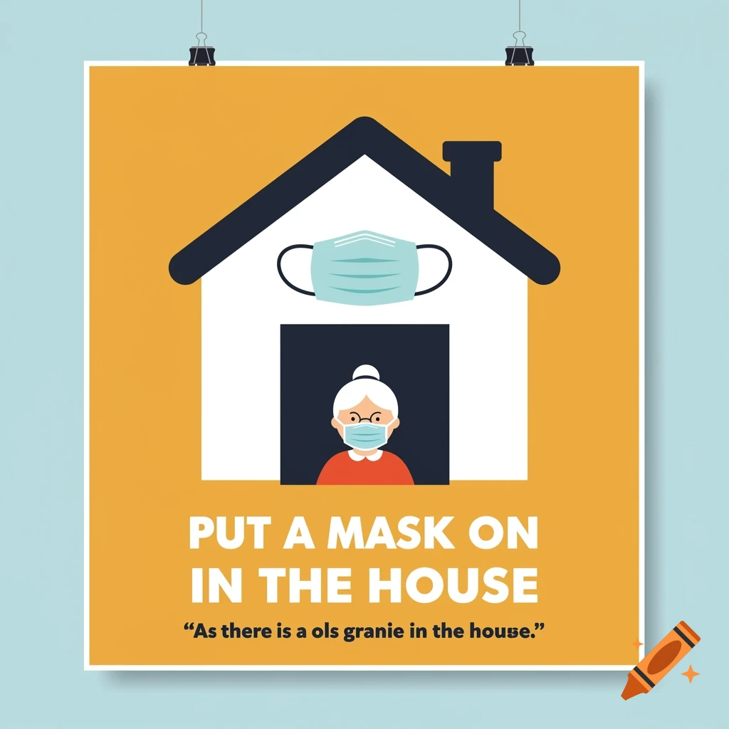 Illustration of a poster with a house, masked elderly woman, and text ...