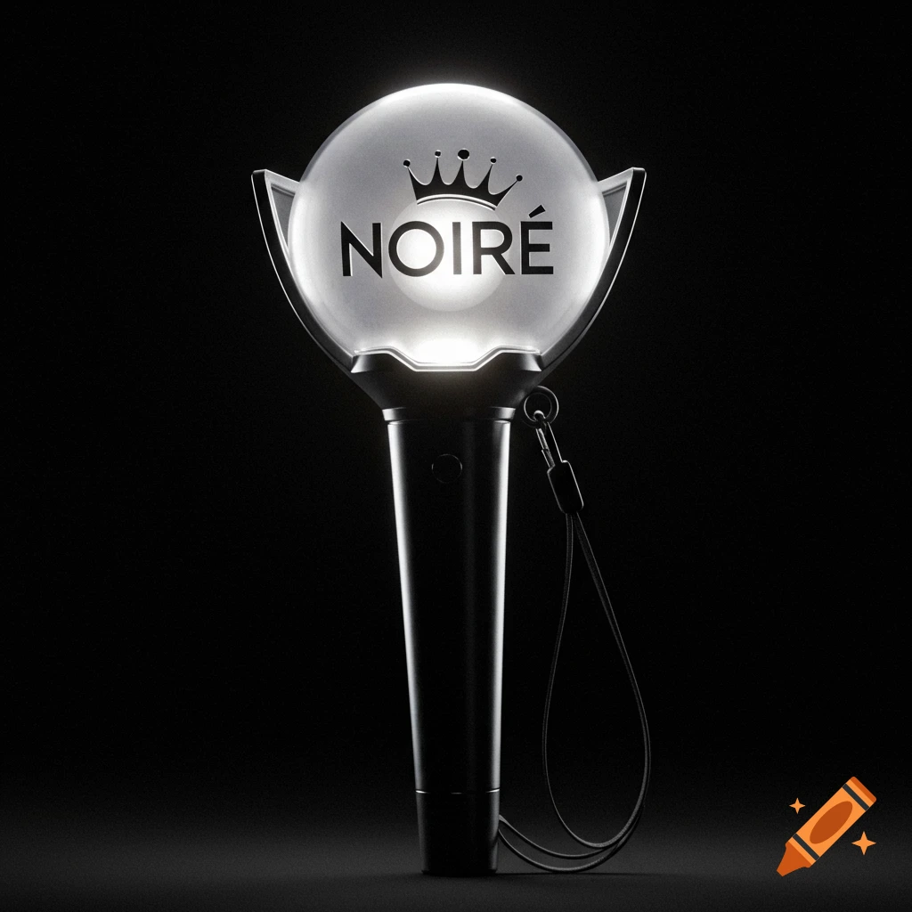 A Kpop lightstick with NOIRE and a crown symbol, lit up on a black ...