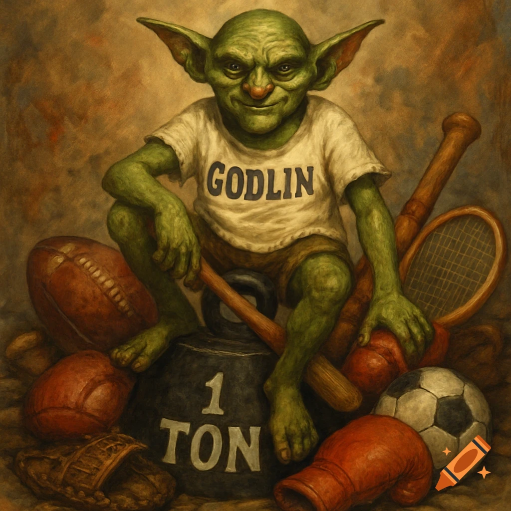 A goblin in a shirt sits on a weight surrounded by sports equipment on ...