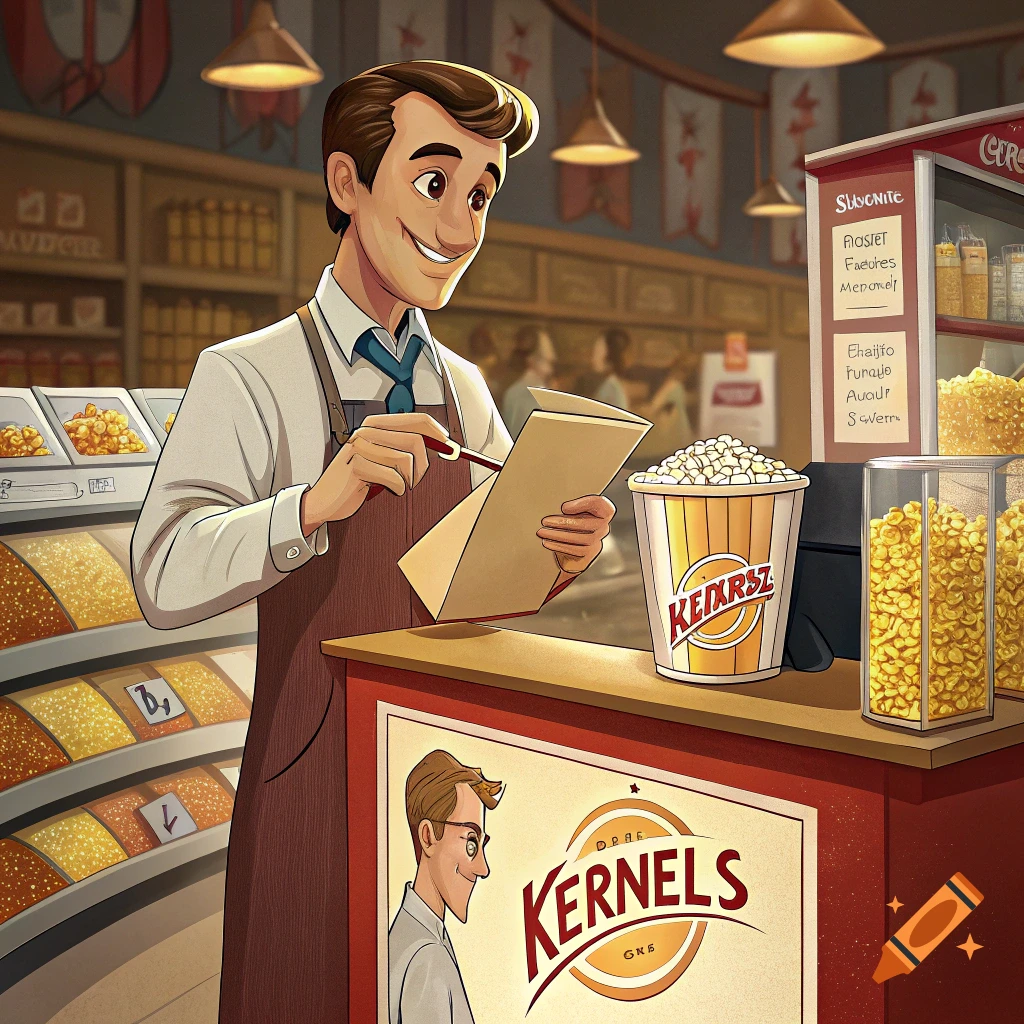 Pierre Polievre applying at Kernels popcorn on Craiyon