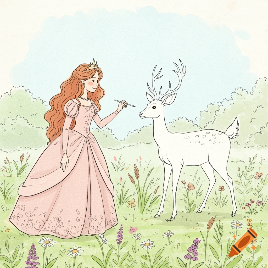 Whimsical illustration of a princess sketching a deer in a meadow on ...