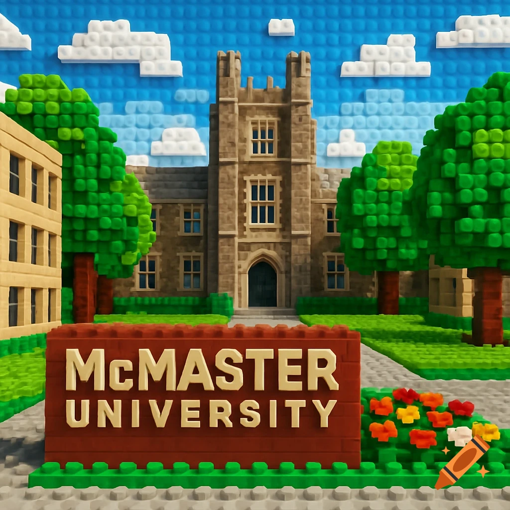 A Lego-style depiction of McMaster University with a sign in the ...