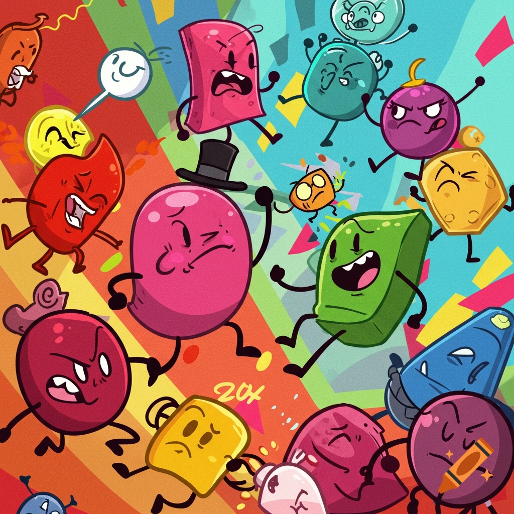 Cartoon objects with faces and limbs gathered on a stage with ...