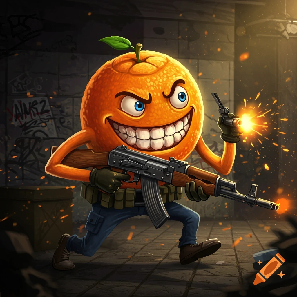 Cartoon orange character with a tactical vest holds a rifle and pistol ...