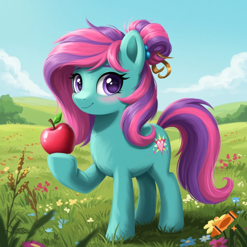 A teal cartoon pony with pink and purple hair holds a red apple in a ...