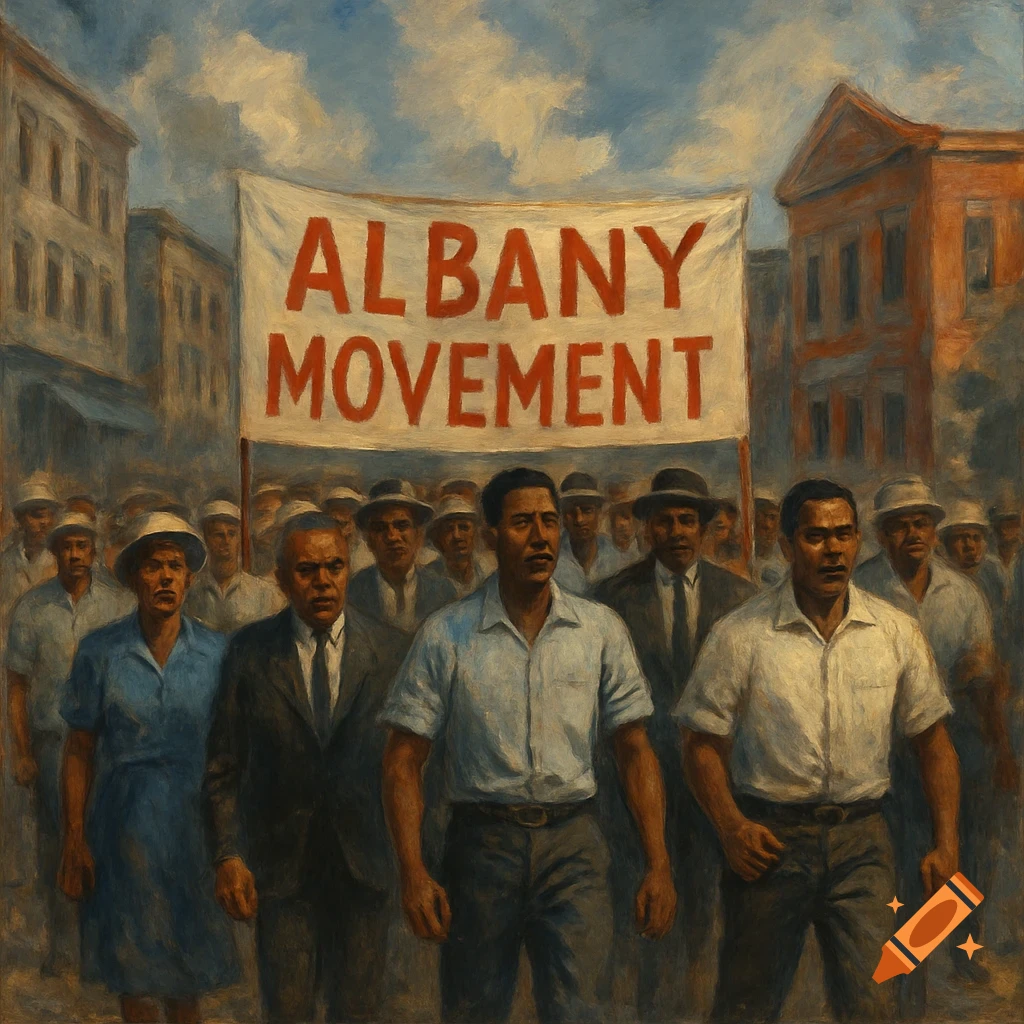 A group of people marching with a banner that reads "ALBANY MOVEMENT ...