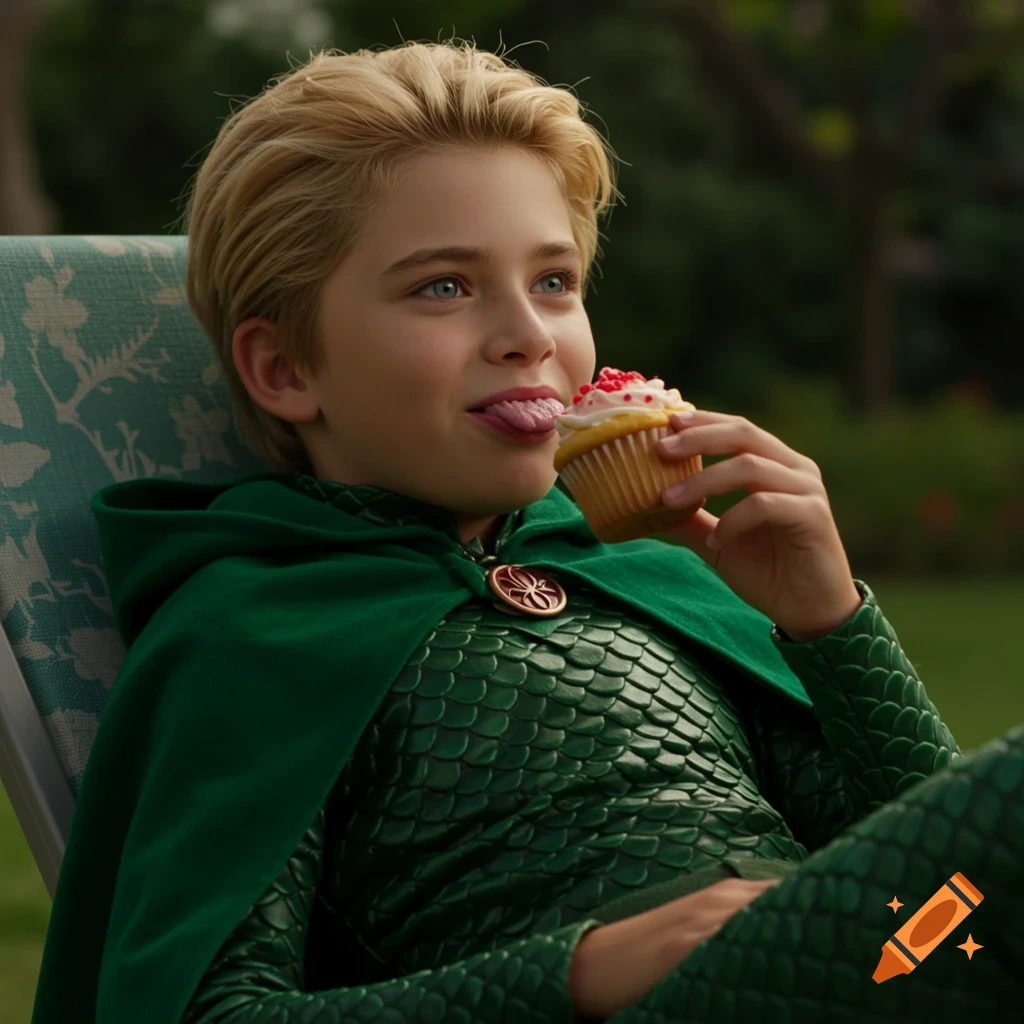 Boy dressed as villain Morgie Le Fe eating a cupcake on Craiyon