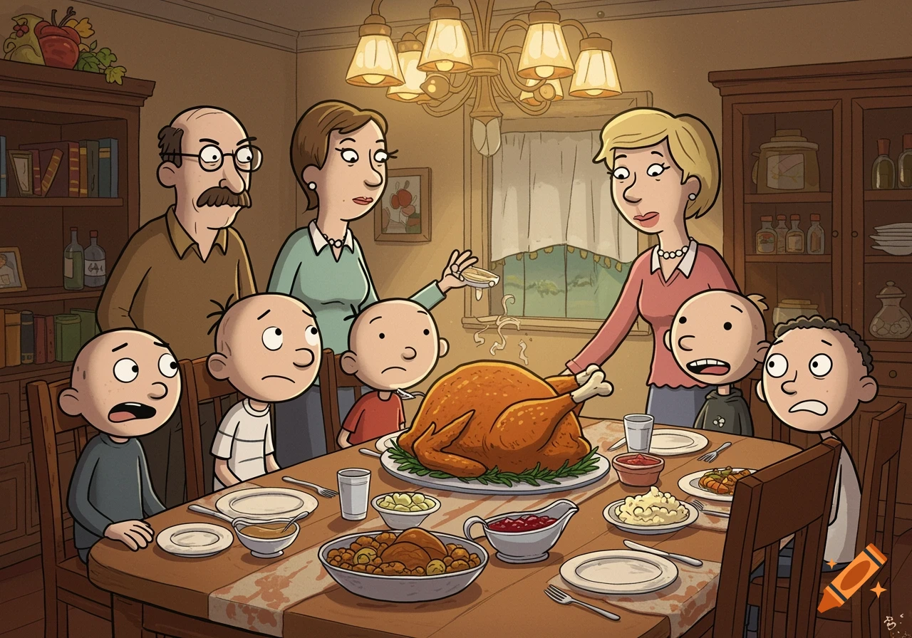 Cartoon illustration of a family having Thanksgiving dinner around a ...