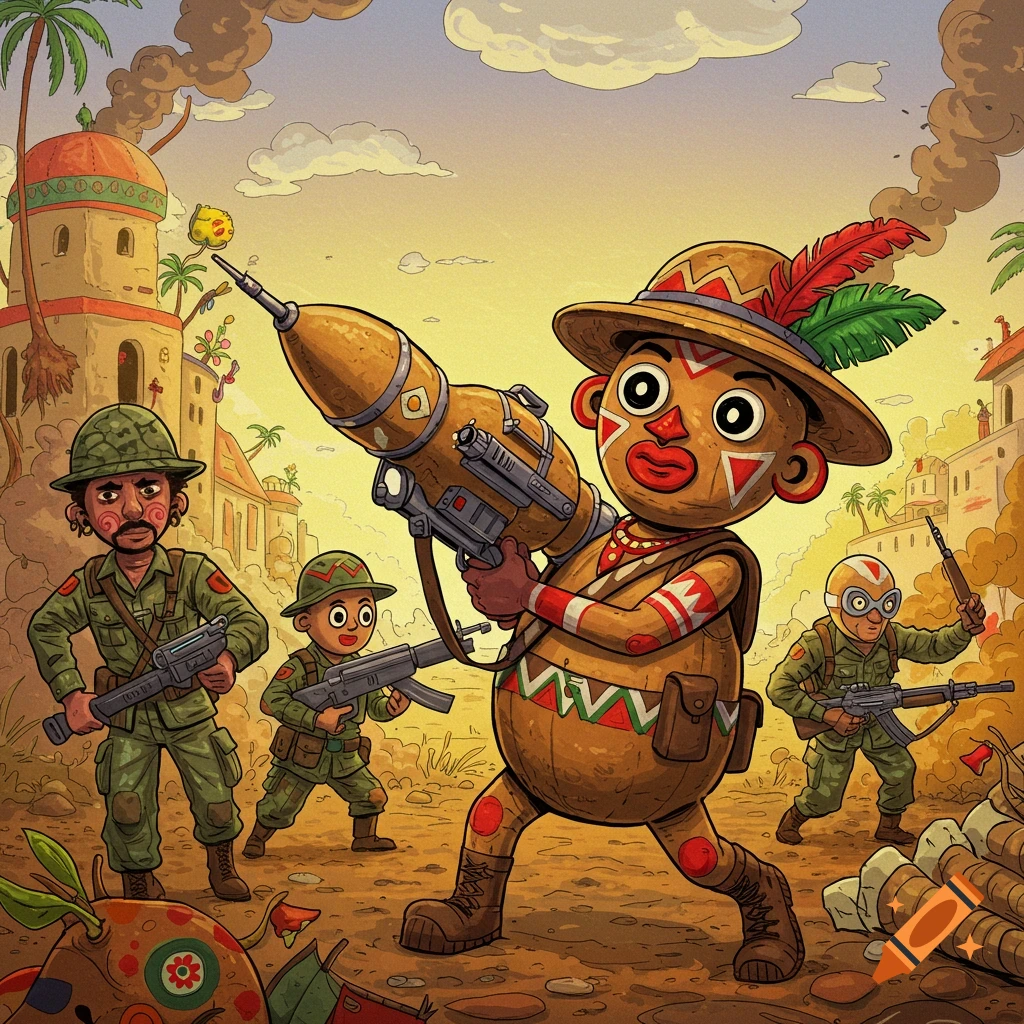 Cartoon style image of a large toy-like figure with military figures in ...