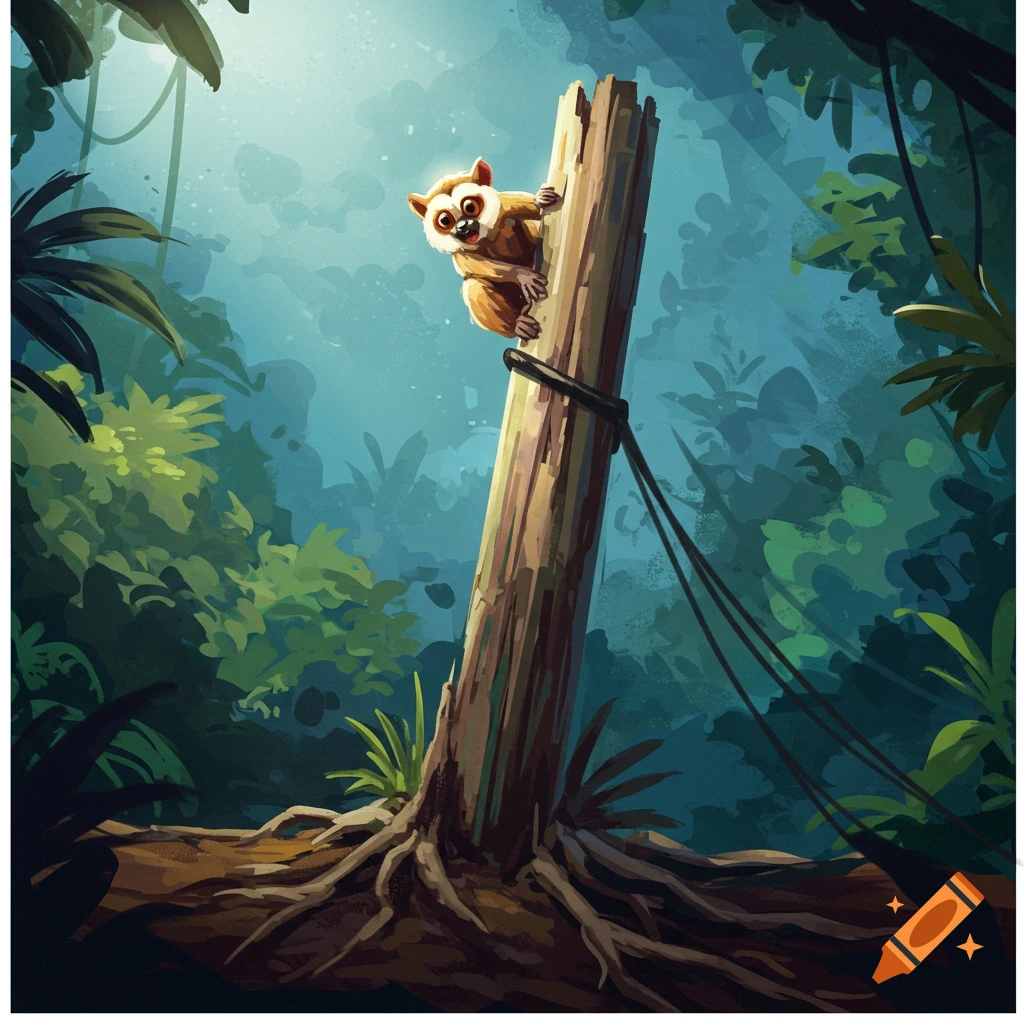 A cute loris-like animal climbs a broken tree pole in a jungle. on Craiyon
