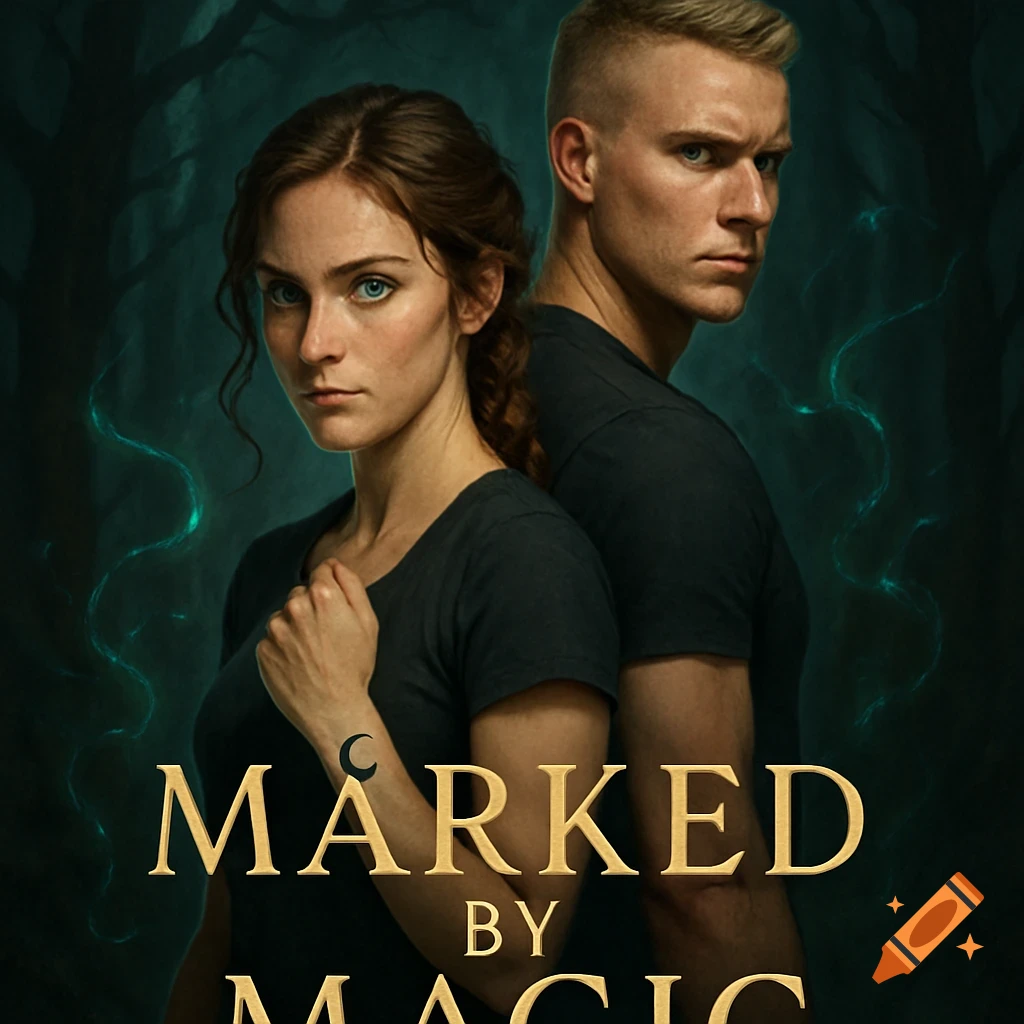 Two people stand back-to-back in a dark, magical forest. Text reads ...