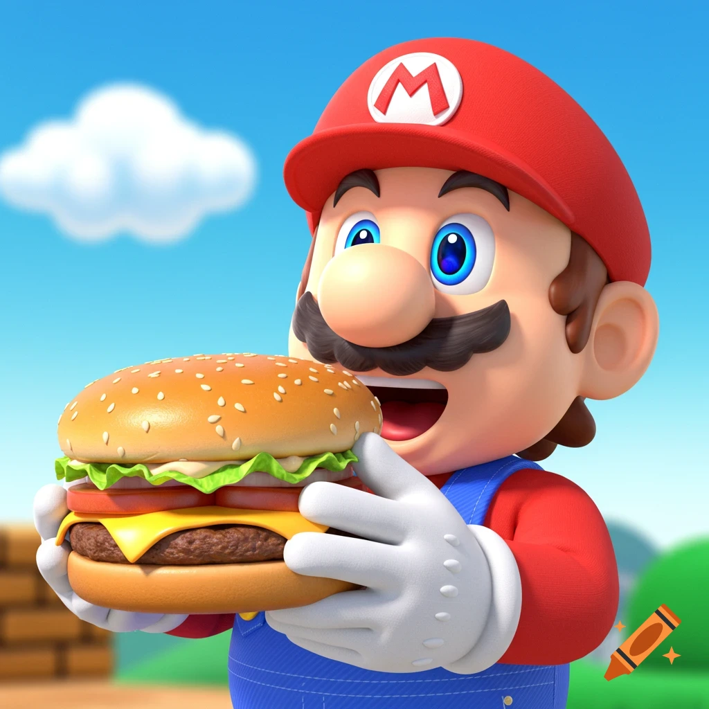 Mario happily holding a burger in a retro diner, with another large ...