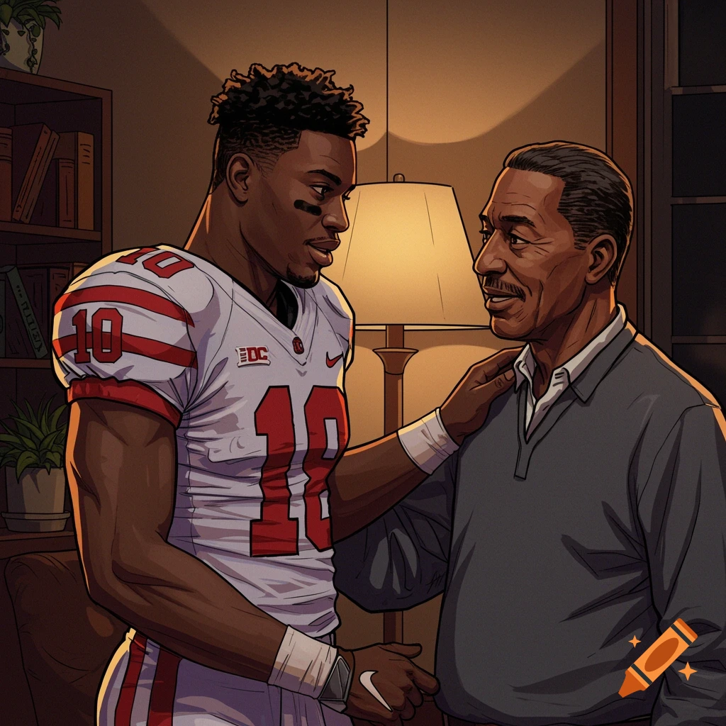 Comic book illustration of a football player talking to his father in a ...