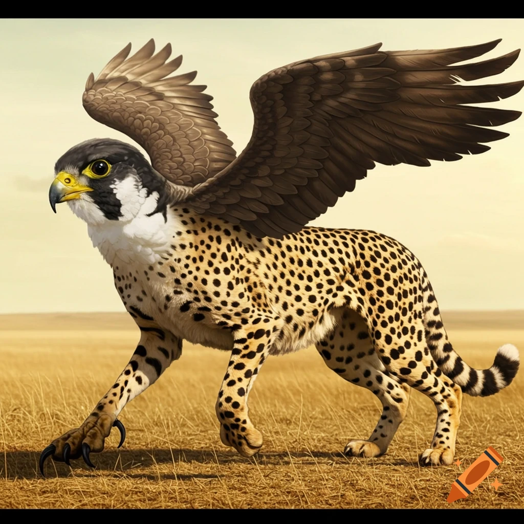 A gryphon creature with a peregrine falcon head and wings and a cheetah ...