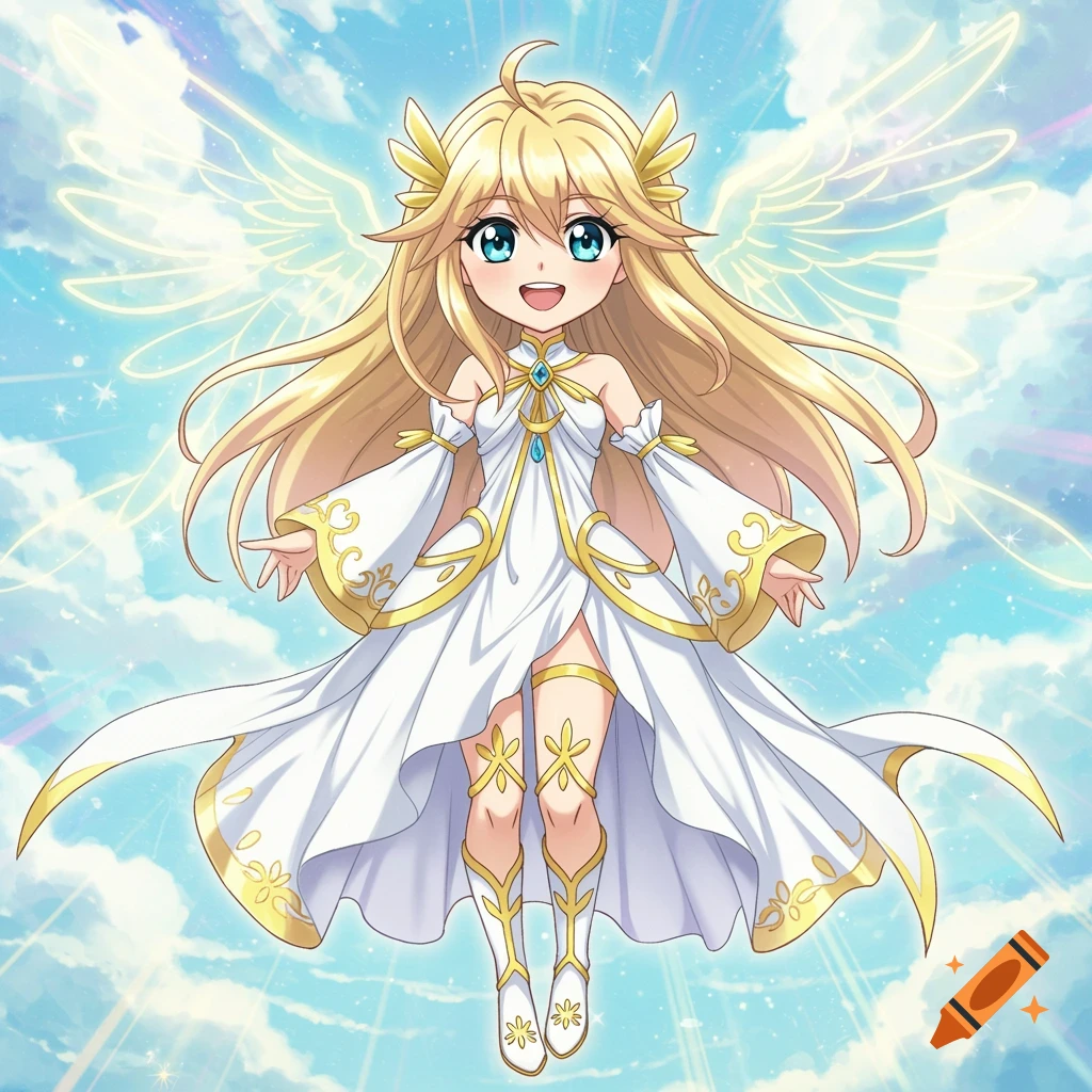 Cute anime girl angel with blonde hair, blue eyes, and golden wings ...