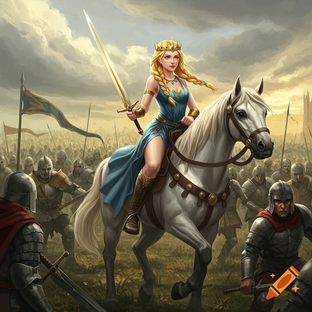 A warrior queen on a white horse holding a sword, leading an army into ...