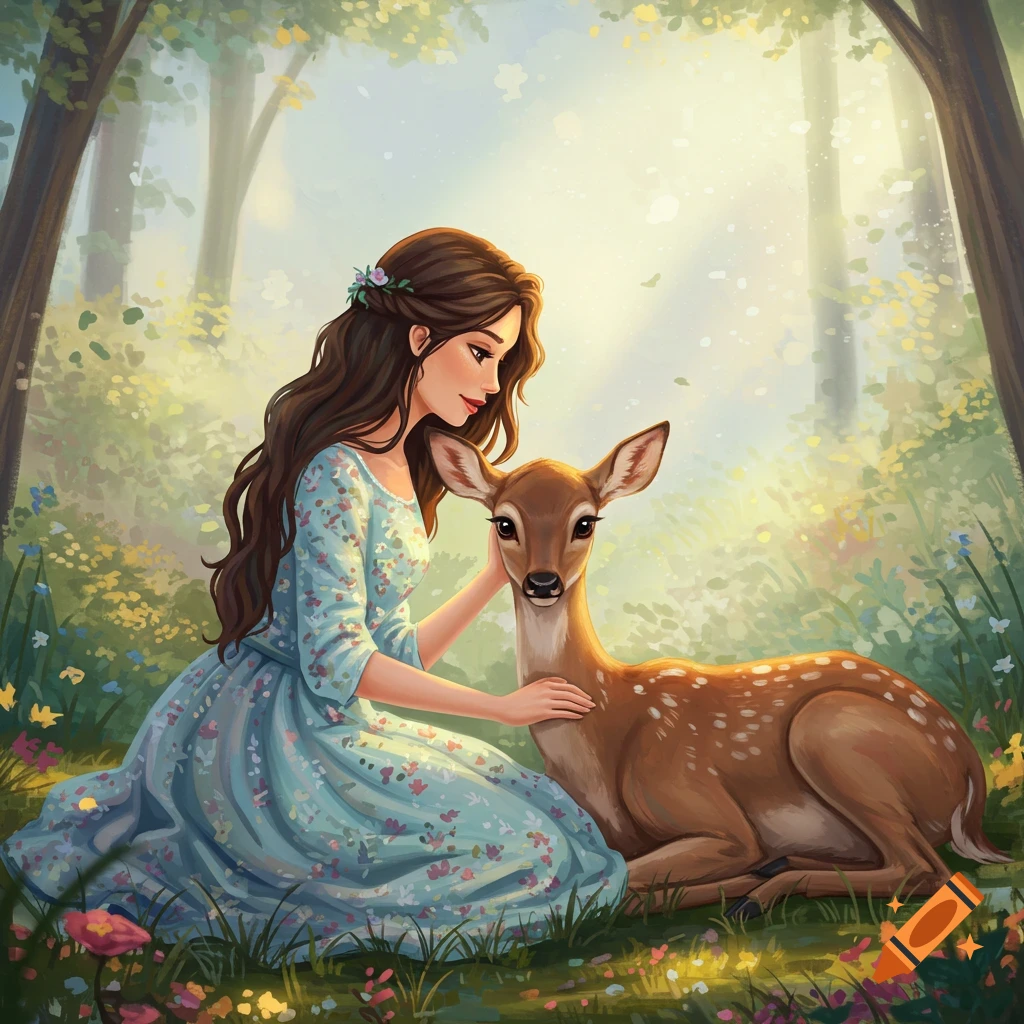 A princess kneels in a sunlit forest, gently petting a deer. on Craiyon