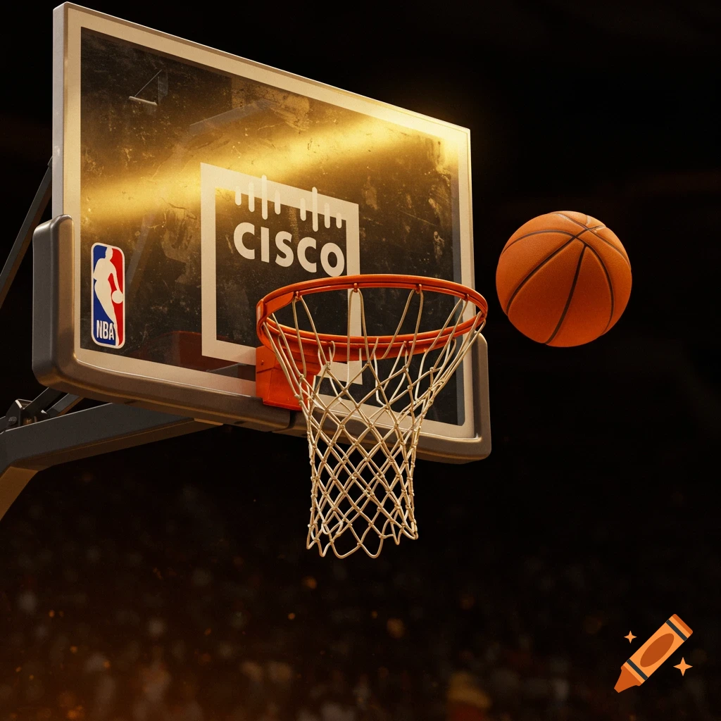 A basketball net and backboard with Cisco and NBA logos as a basketball ...