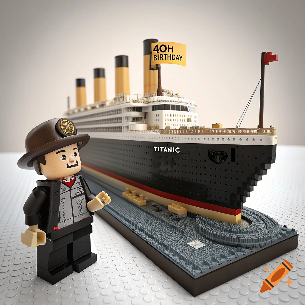Lego model of Titanic with Pete Wentz in 40th birthday hat on Craiyon