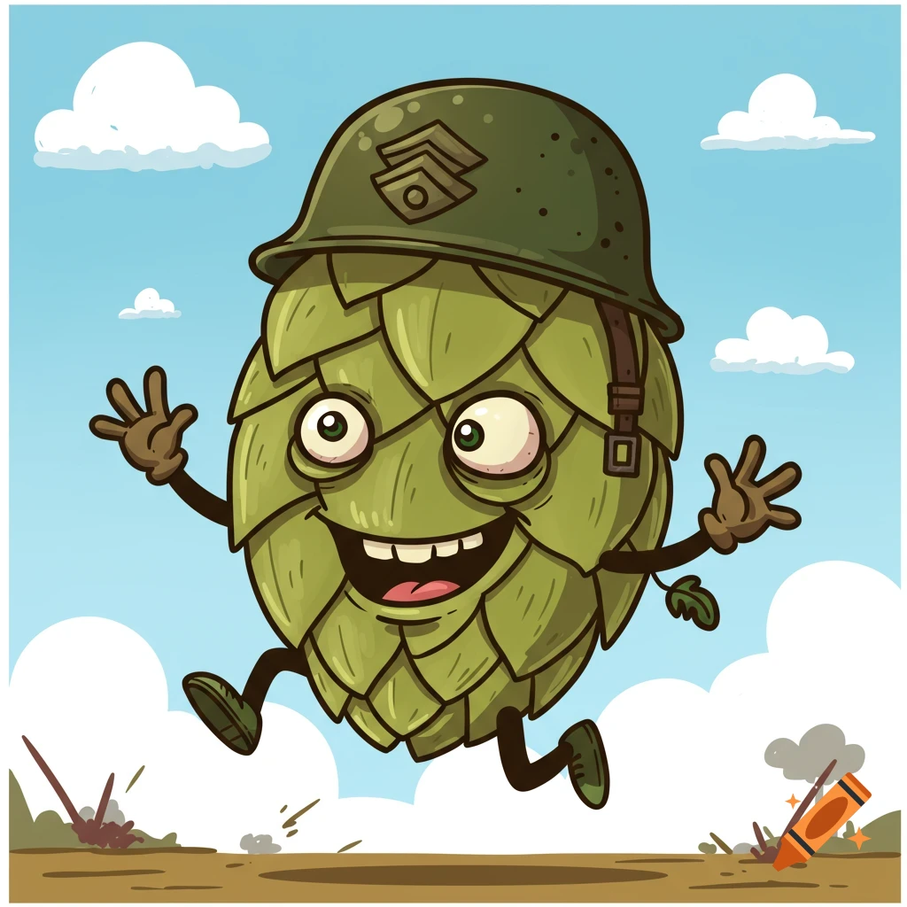 Cartoon hop cone wearing an army helmet runs past stylized explosions ...