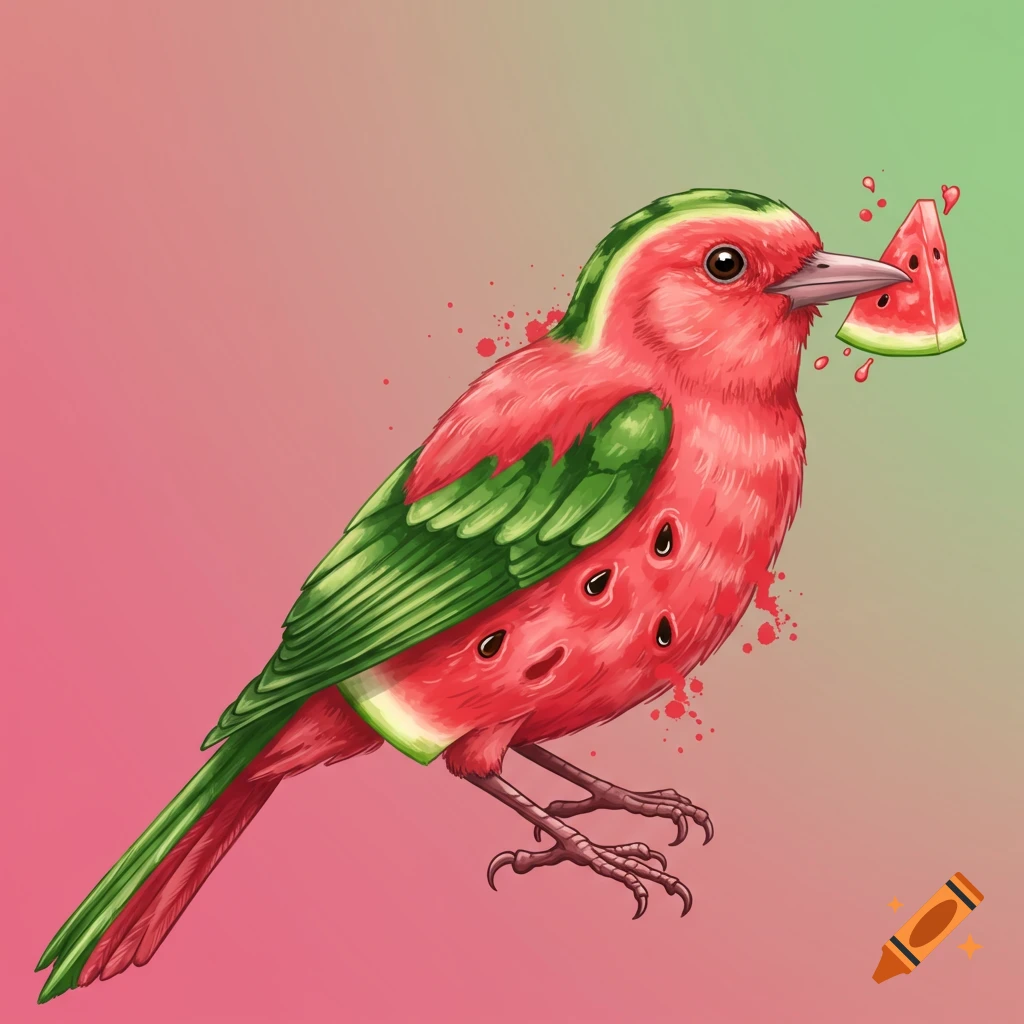 A bird stylized as a watermelon, holding a watermelon slice. on Craiyon