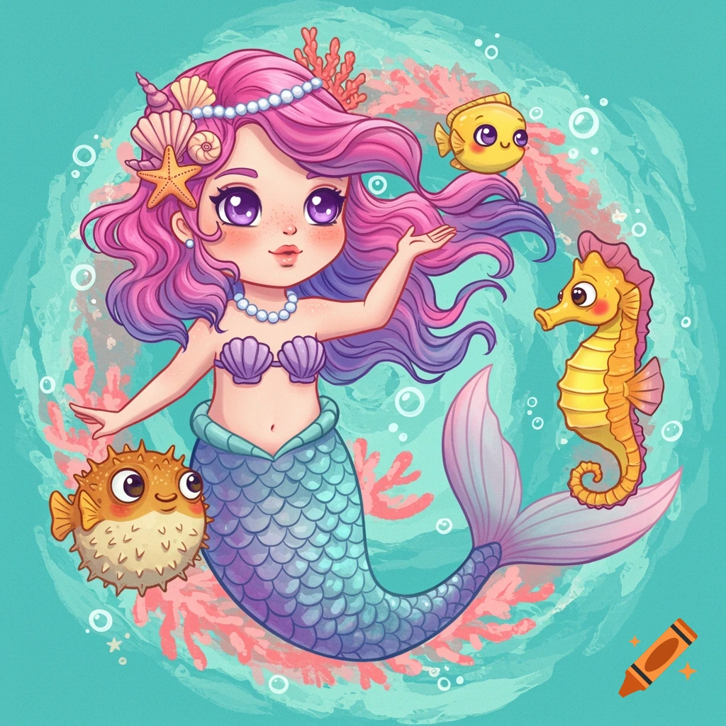 Cute kawaii mermaid and sea creatures party invitation on Craiyon