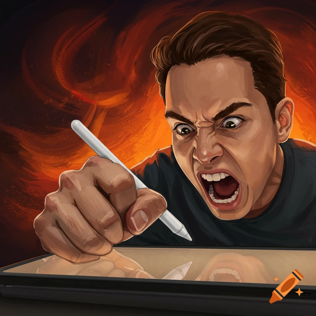 An angry man drawing on a tablet with a stylus, reflected on the screen ...