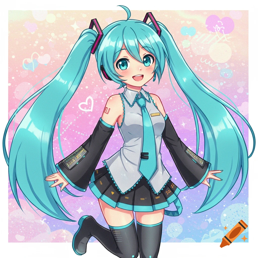 Portrait of an anime girl with long blue twin-tails, headphones, and a ...