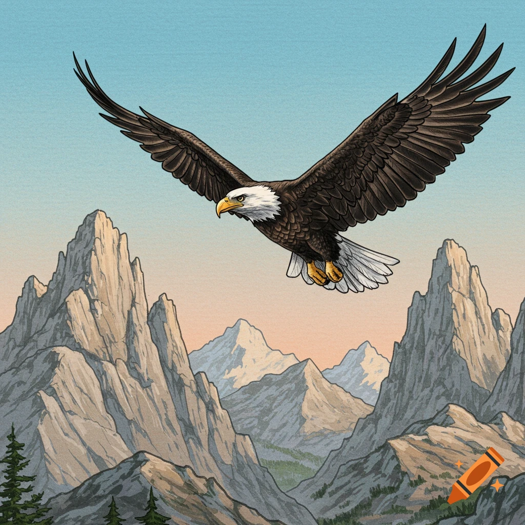 A drawing of a bald eagle soaring over rocky mountains. on Craiyon