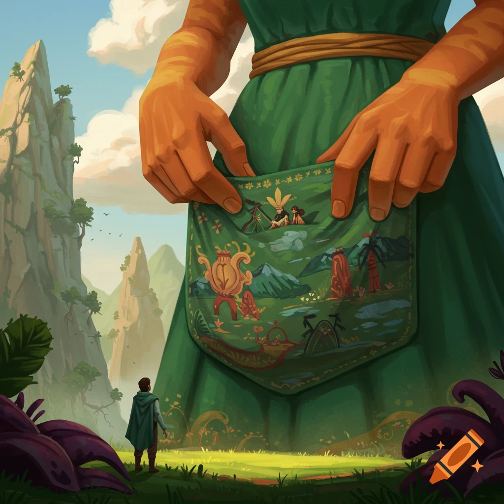 A giantess places a tiny man into her ornate pocket in a fantasy ...