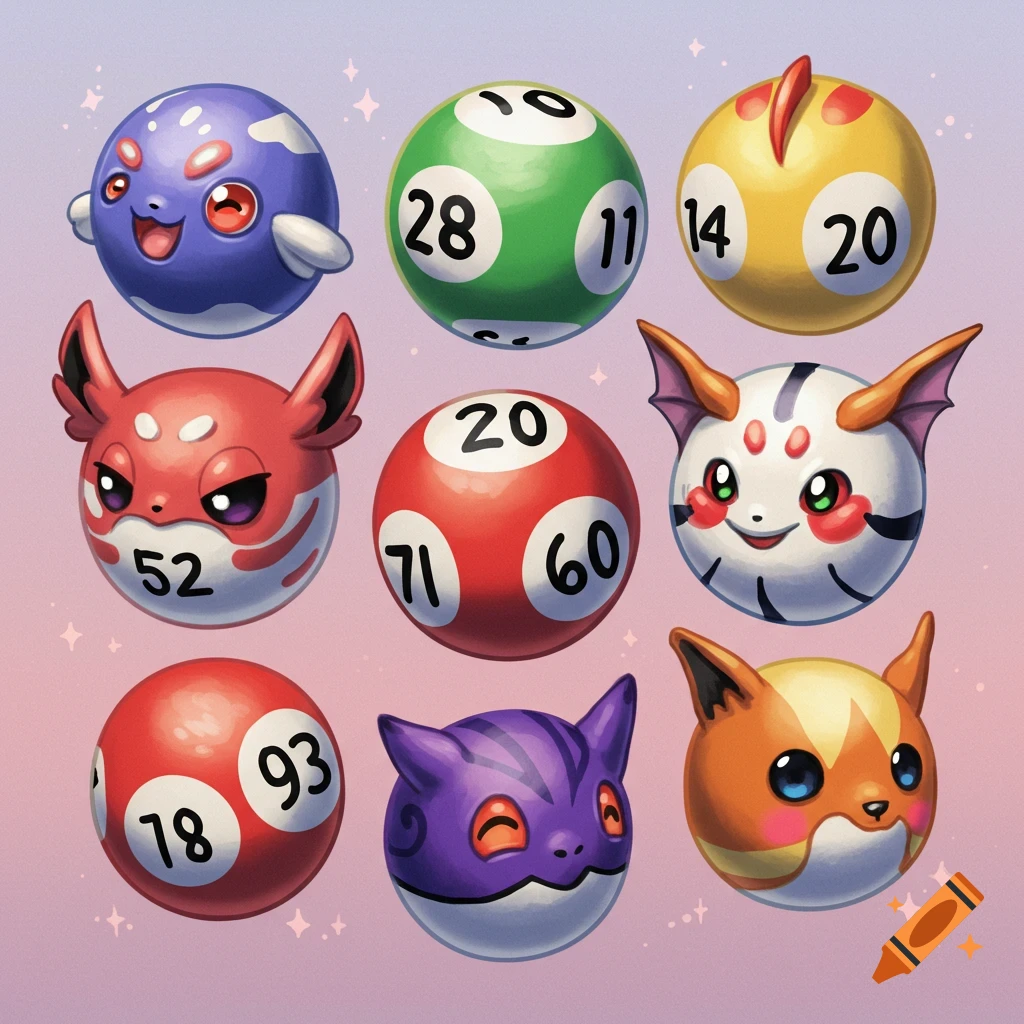 Nine colorful, round creatures resembling Pok gmon on bingo balls with ...