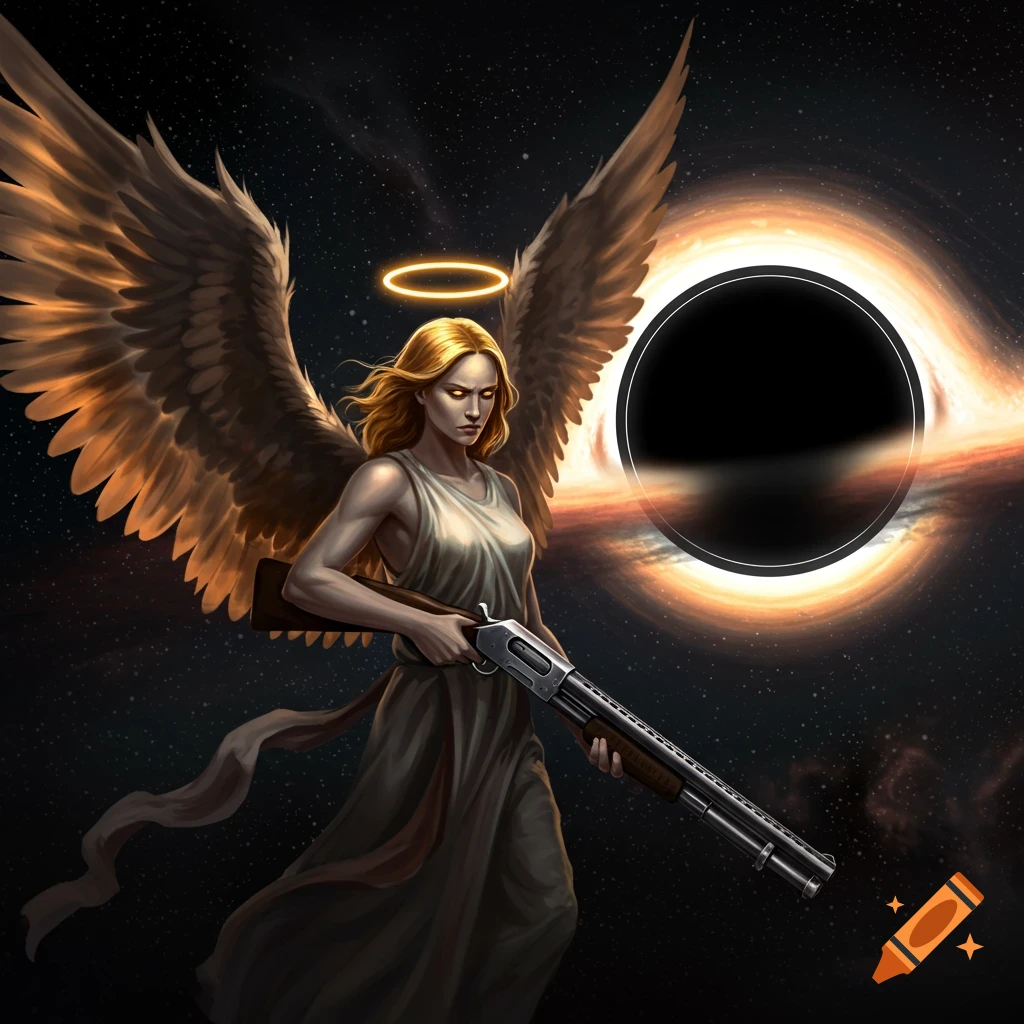 Angel holding a shotgun in front of a blackhole on Craiyon