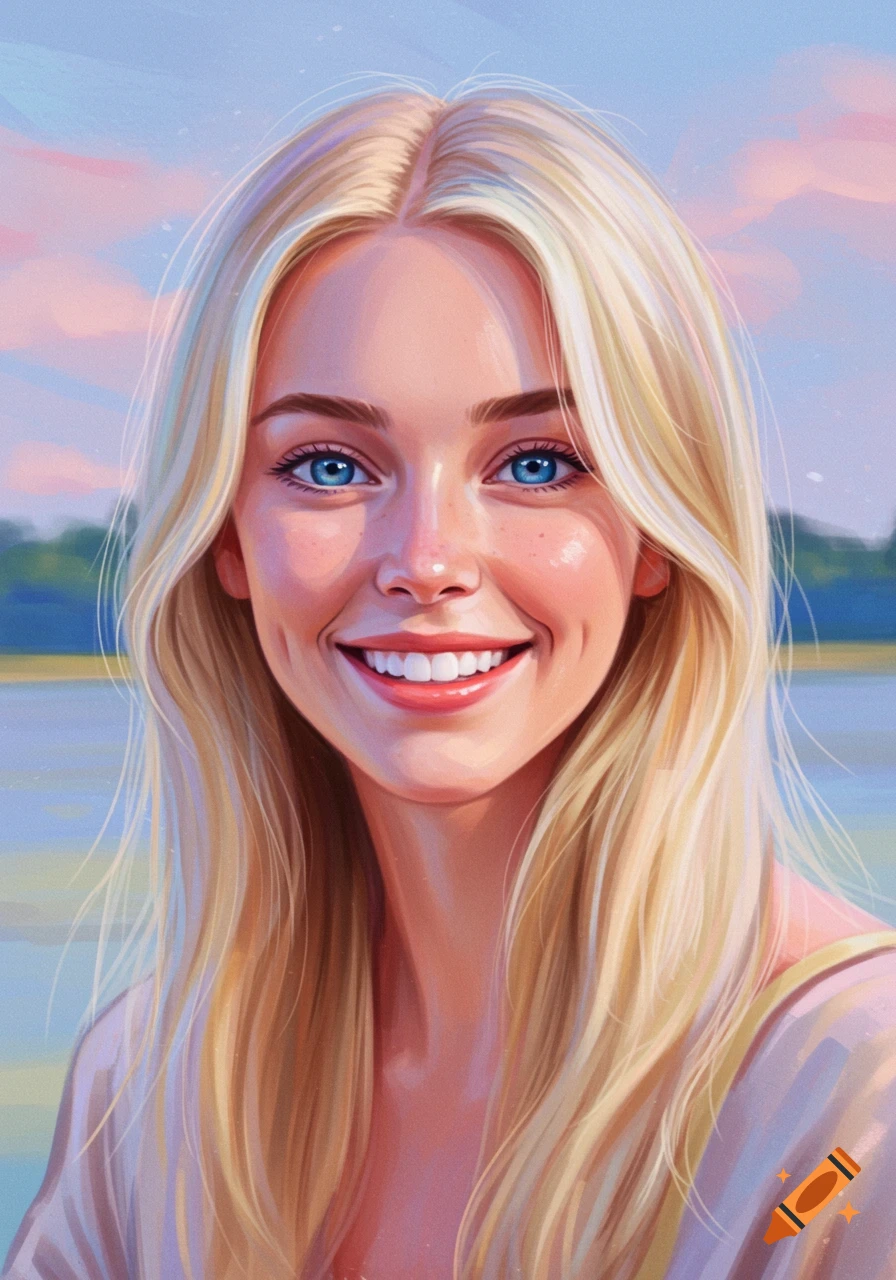 Portrait of a smiling blonde woman with blue eyes outdoors on Craiyon
