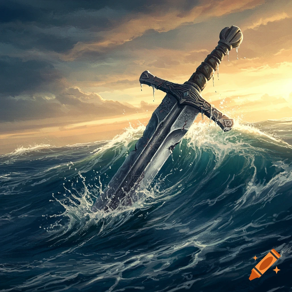 A large sword is depicted rising from stormy ocean waves during a ...