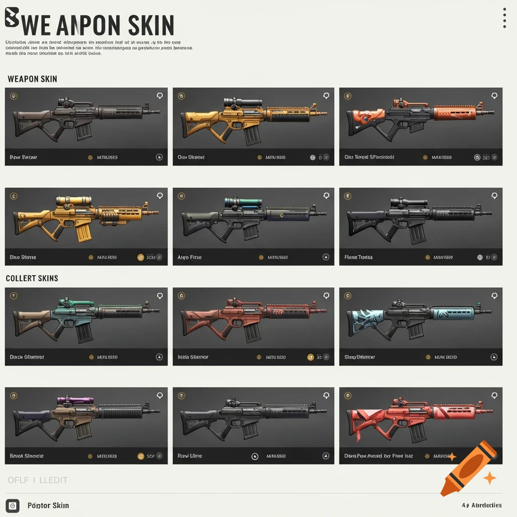 Minimalist grid layout showcasing weapon skins with neutral color ...
