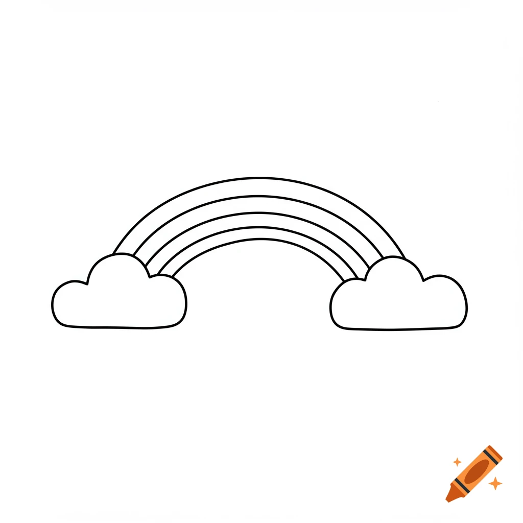 Simple outline drawing of a rainbow with two clouds. on Craiyon