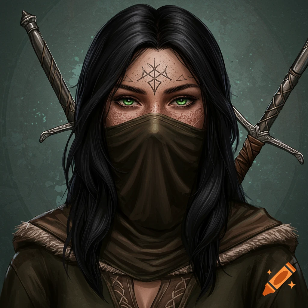 A portrait of a masked female fantasy character with bright green eyes ...