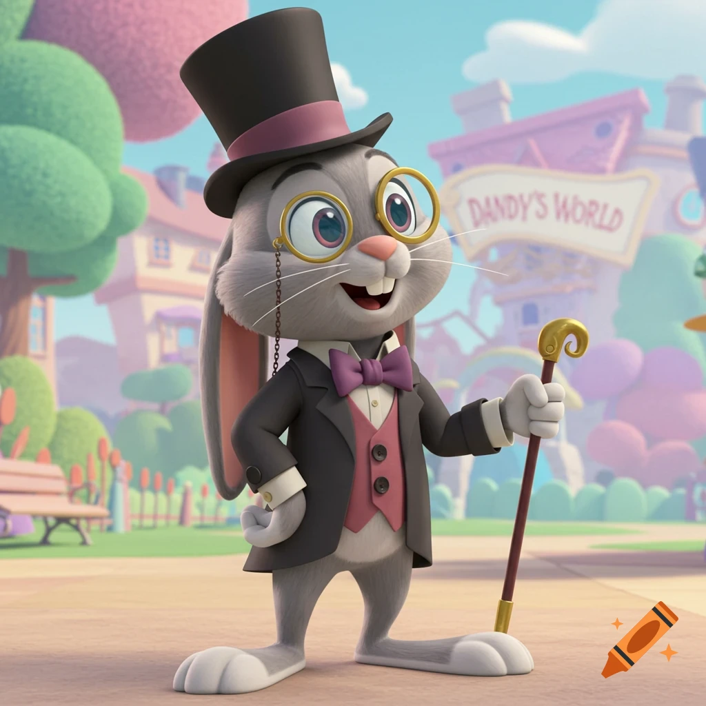 Cartoon rabbit wearing a top hat, suit, and monocle stands in a park on ...