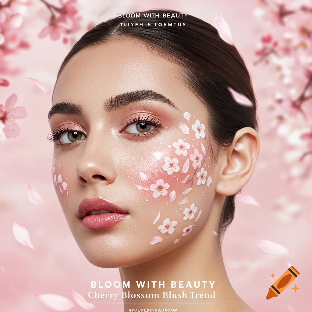 Model with Cherry Blossom Blush design in pastel background on Craiyon
