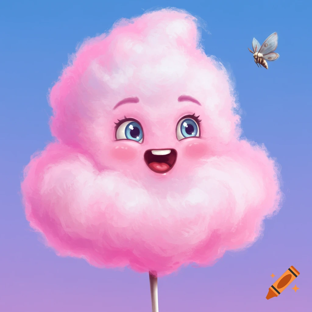 A cute pink cotton candy character with a smiling face looks up at a ...