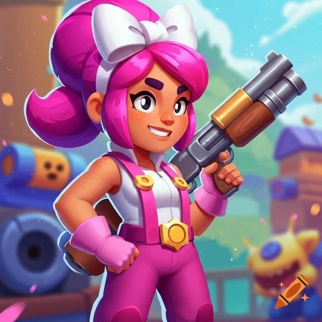 Stylized cartoon character Shelly from Brawl Stars holding a shotgun ...