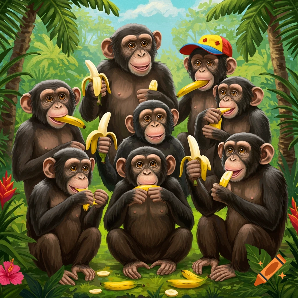 Group of nine playful monkeys posing for selfie in jungle on Craiyon
