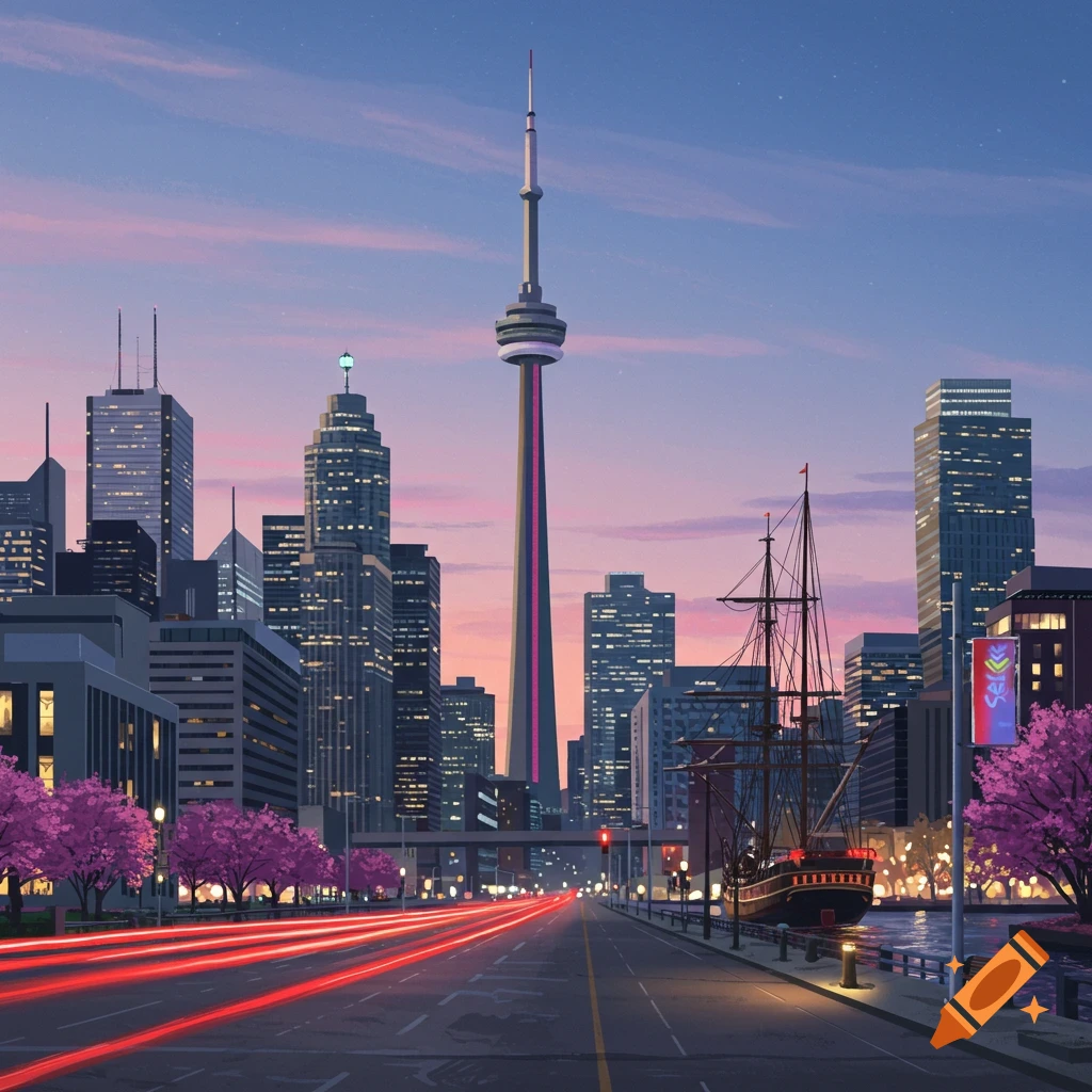 The Toronto cityscape at dusk with the CN Tower, skyscrapers, a tall ...